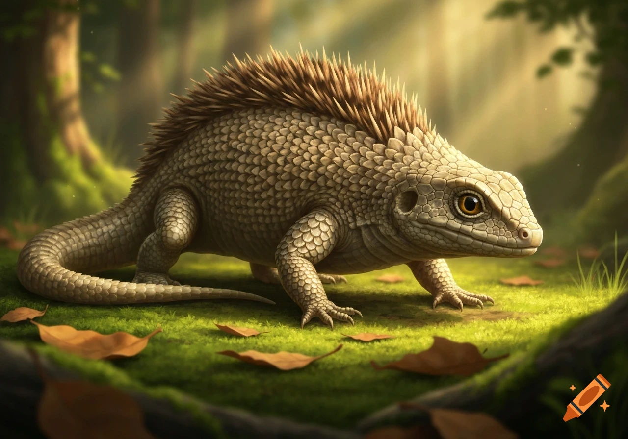 A close-up of a lizard-like creature with scaly skin and a spiky back ...