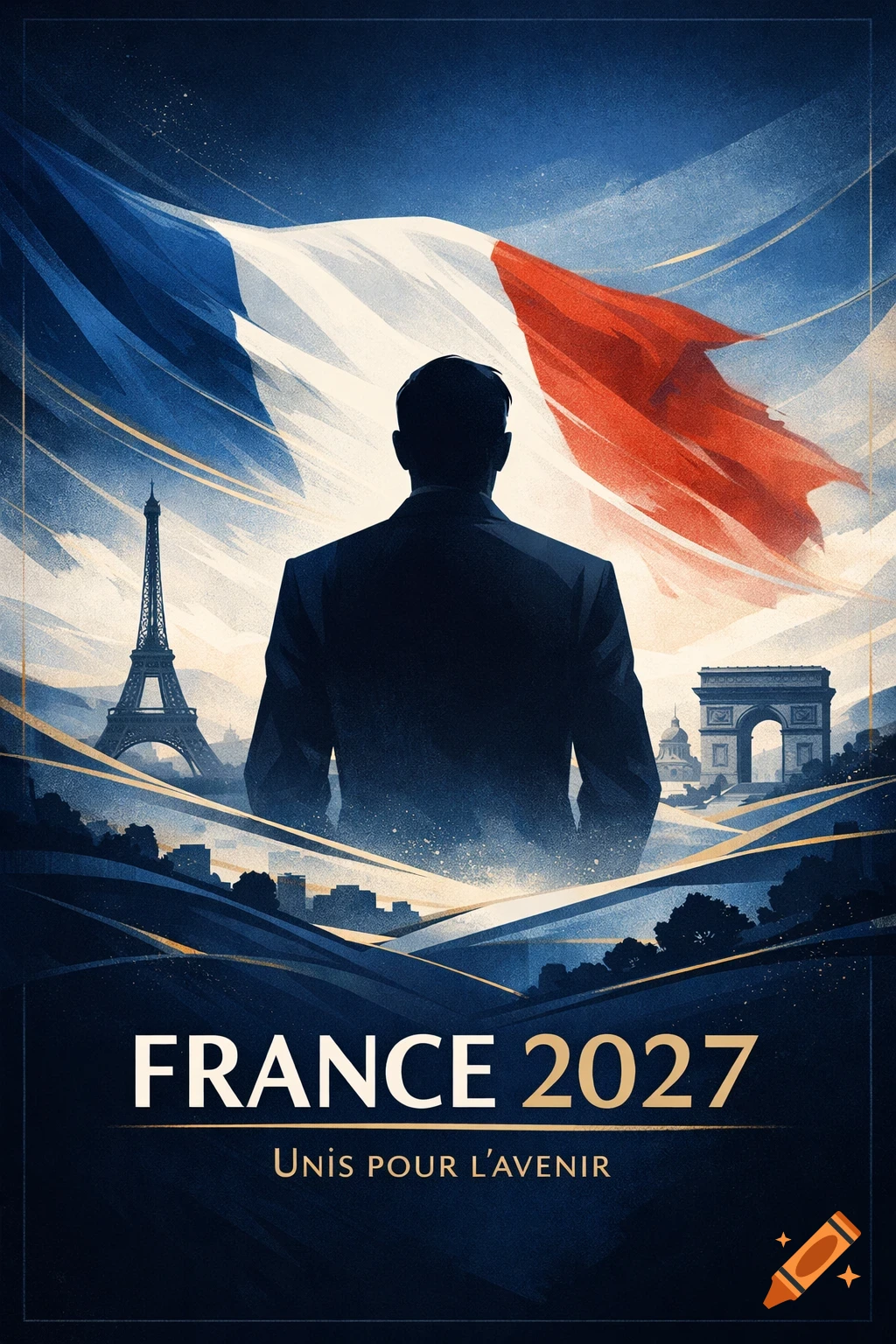 Stylized political poster for France 2027, with a man's silhouette ...