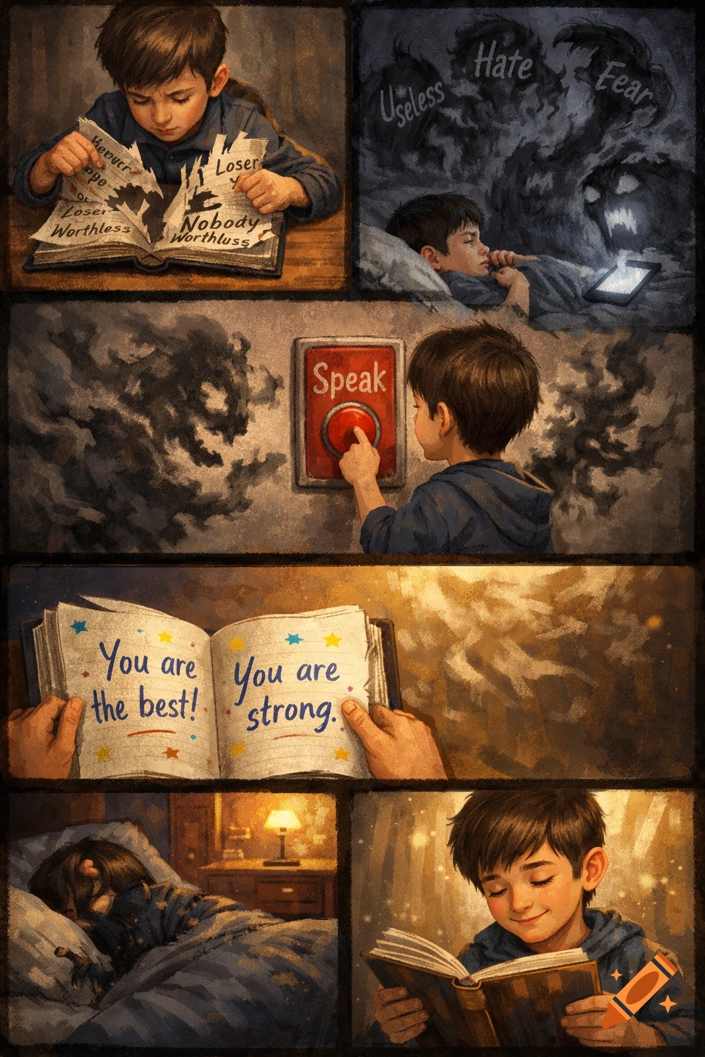A multi-panel illustration shows a boy dealing with negative emotions ...