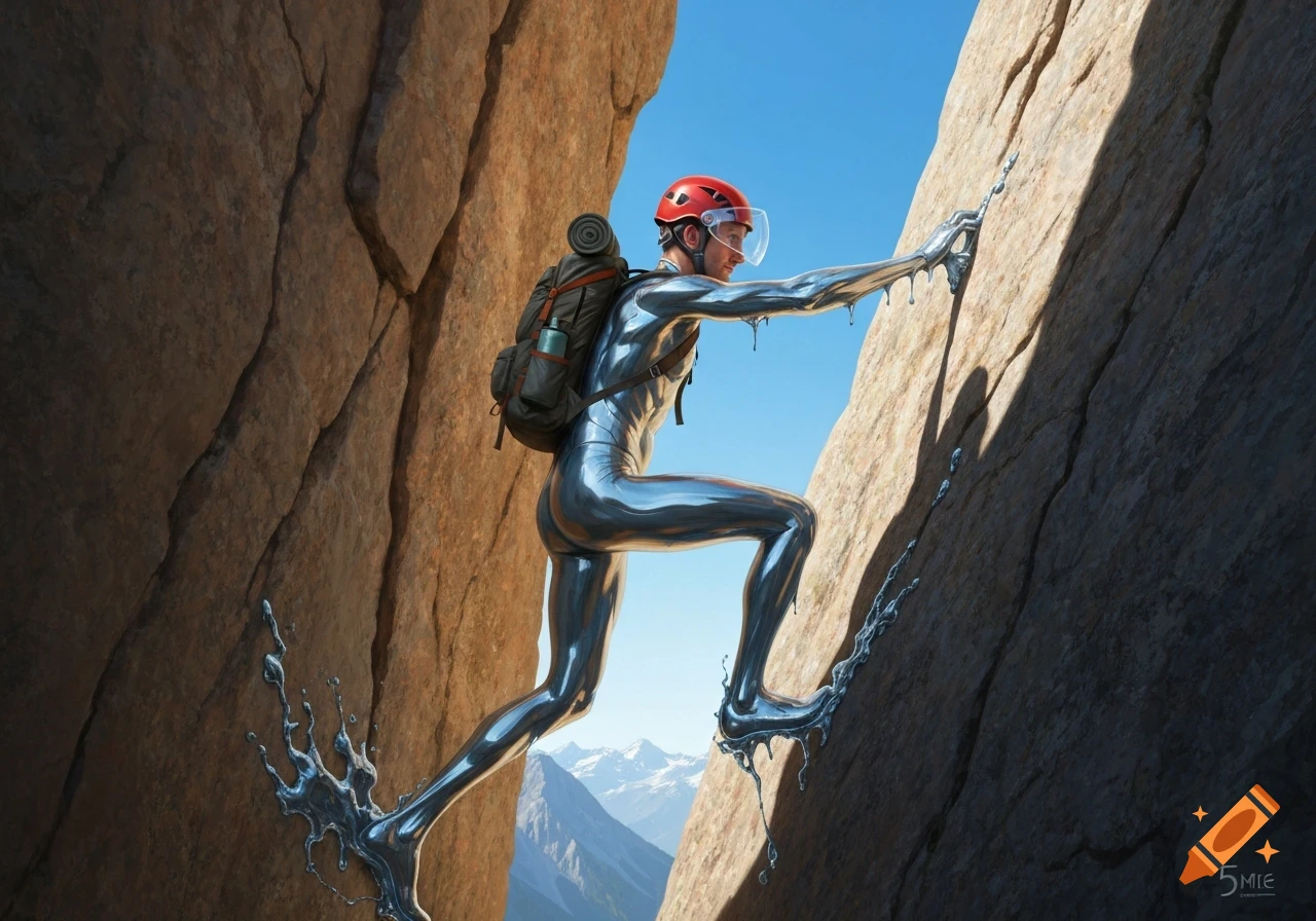 A man in a shiny liquid metal suit with a red helmet climbs a steep ...