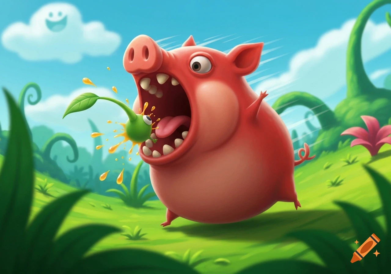 A vibrant cartoon of a red pig-like creature with an open mouth ...