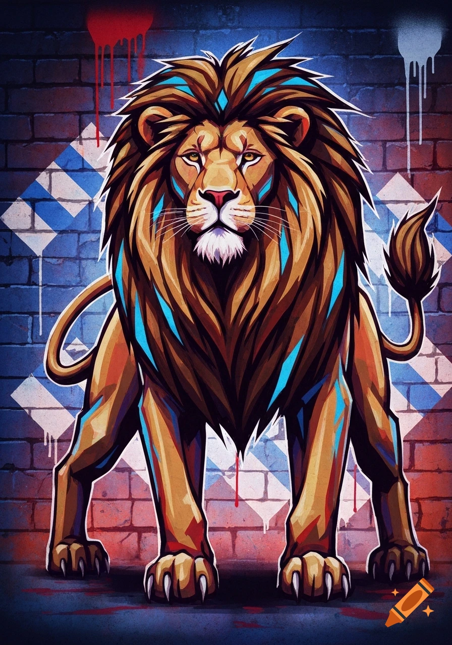 A stylized lion with a brown and blue mane stands majestically against ...