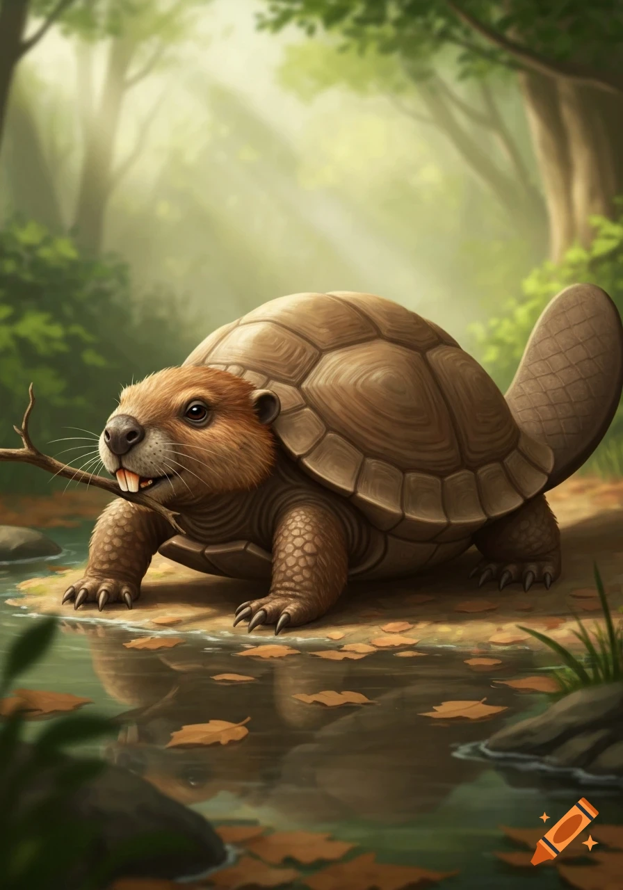 A fantasy beaver-turtle hybrid with a brown shell, furry head, and ...