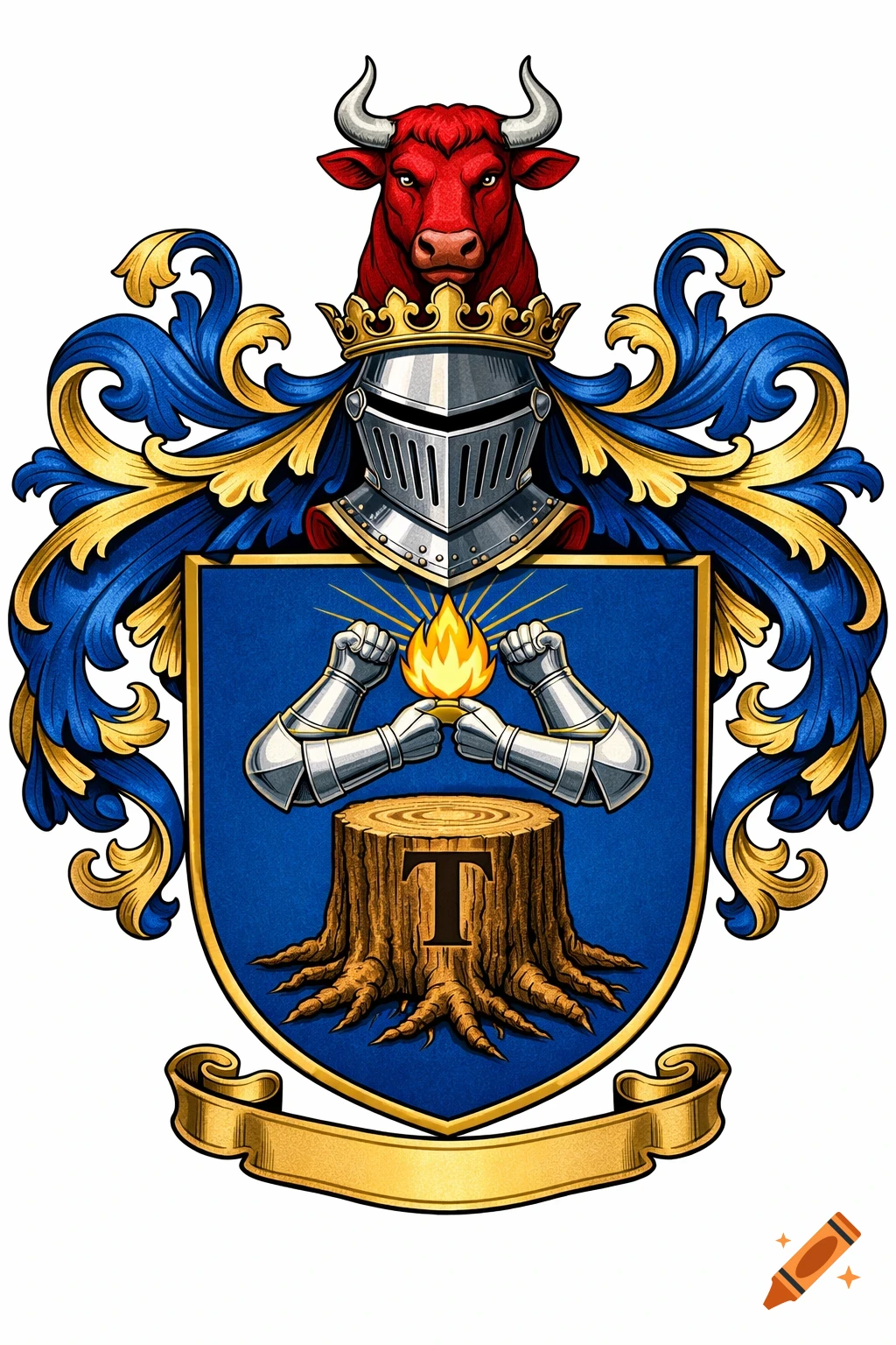 A heraldic coat of arms illustration featuring a red bull's head ...