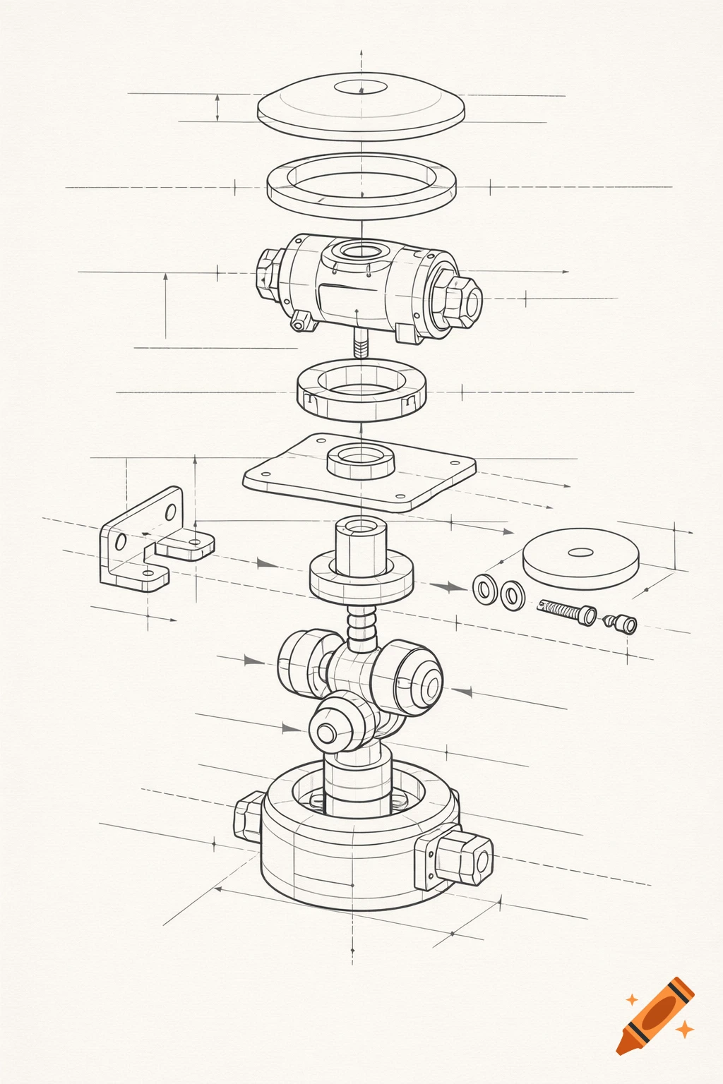 Exploded view technical drawing of abstract mechanical components with ...