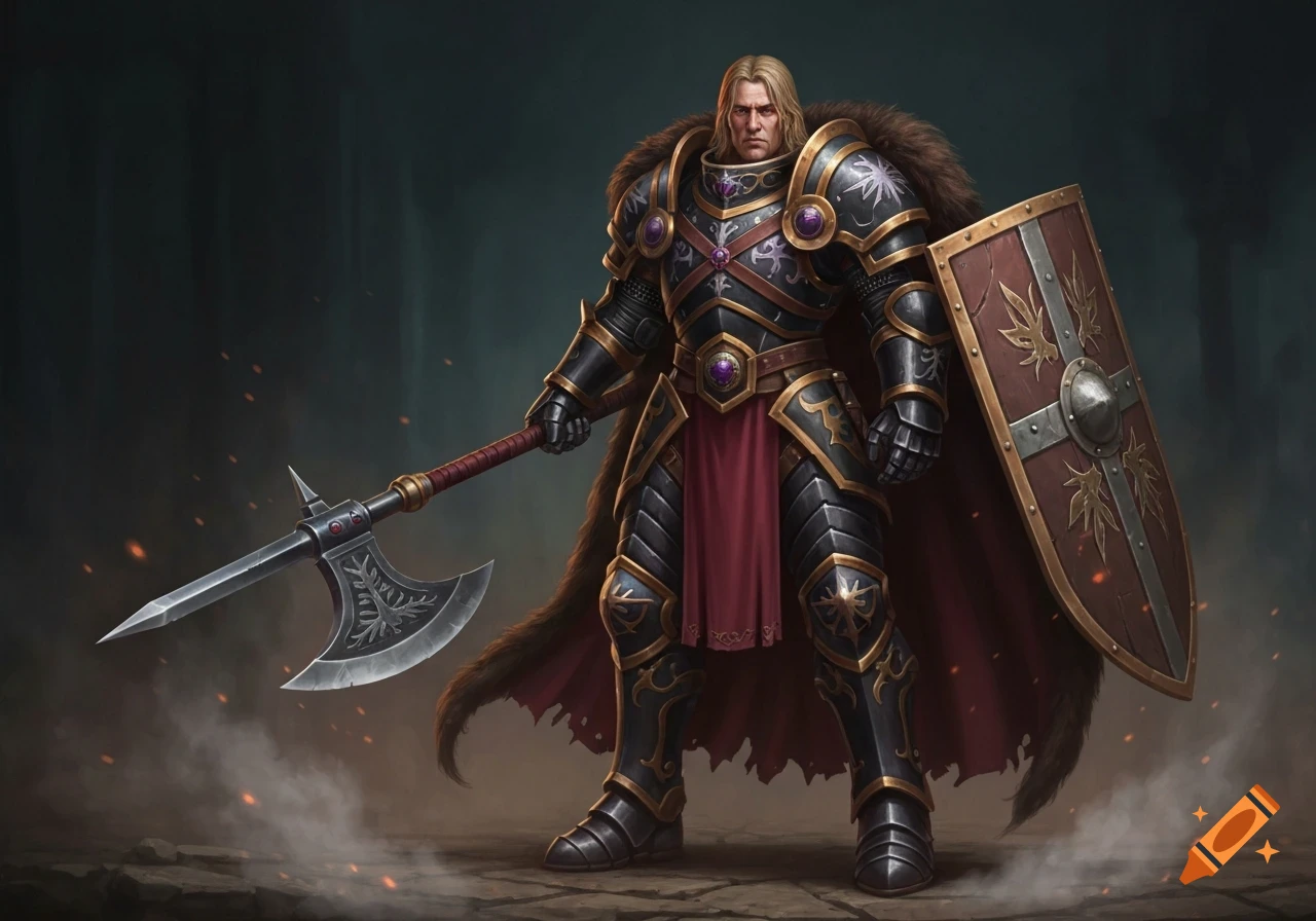 A stoic fantasy knight in dark, ornate armor with purple and gold ...