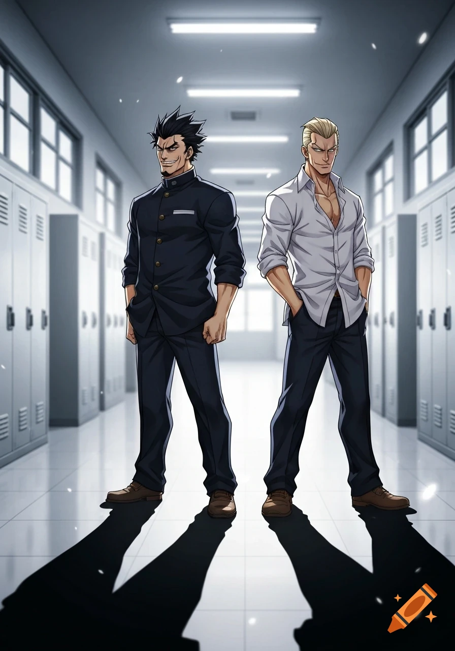 Two confident anime-style male characters stand in a brightly lit ...