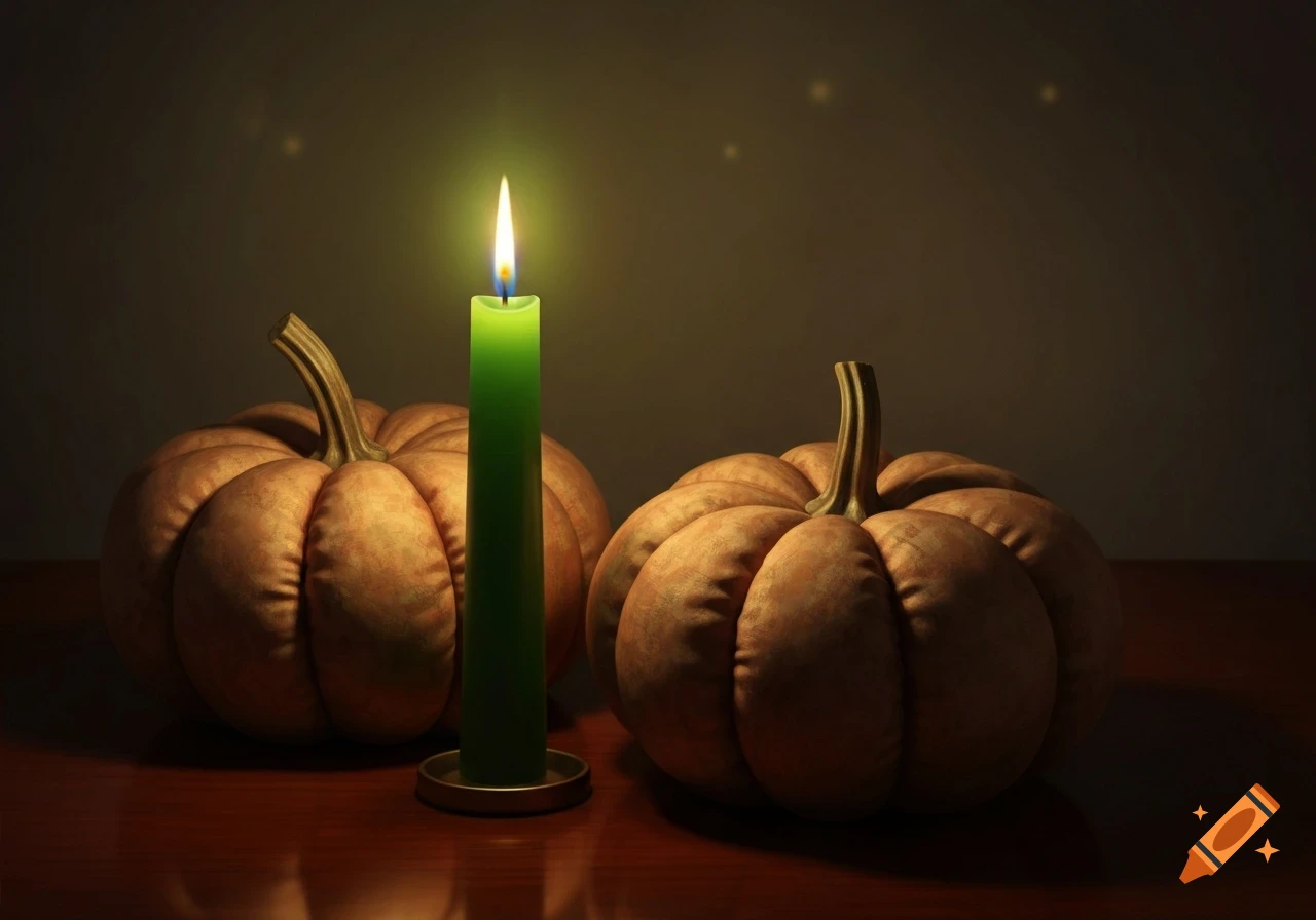 A still life scene with a lit green candle between two orange fabric ...