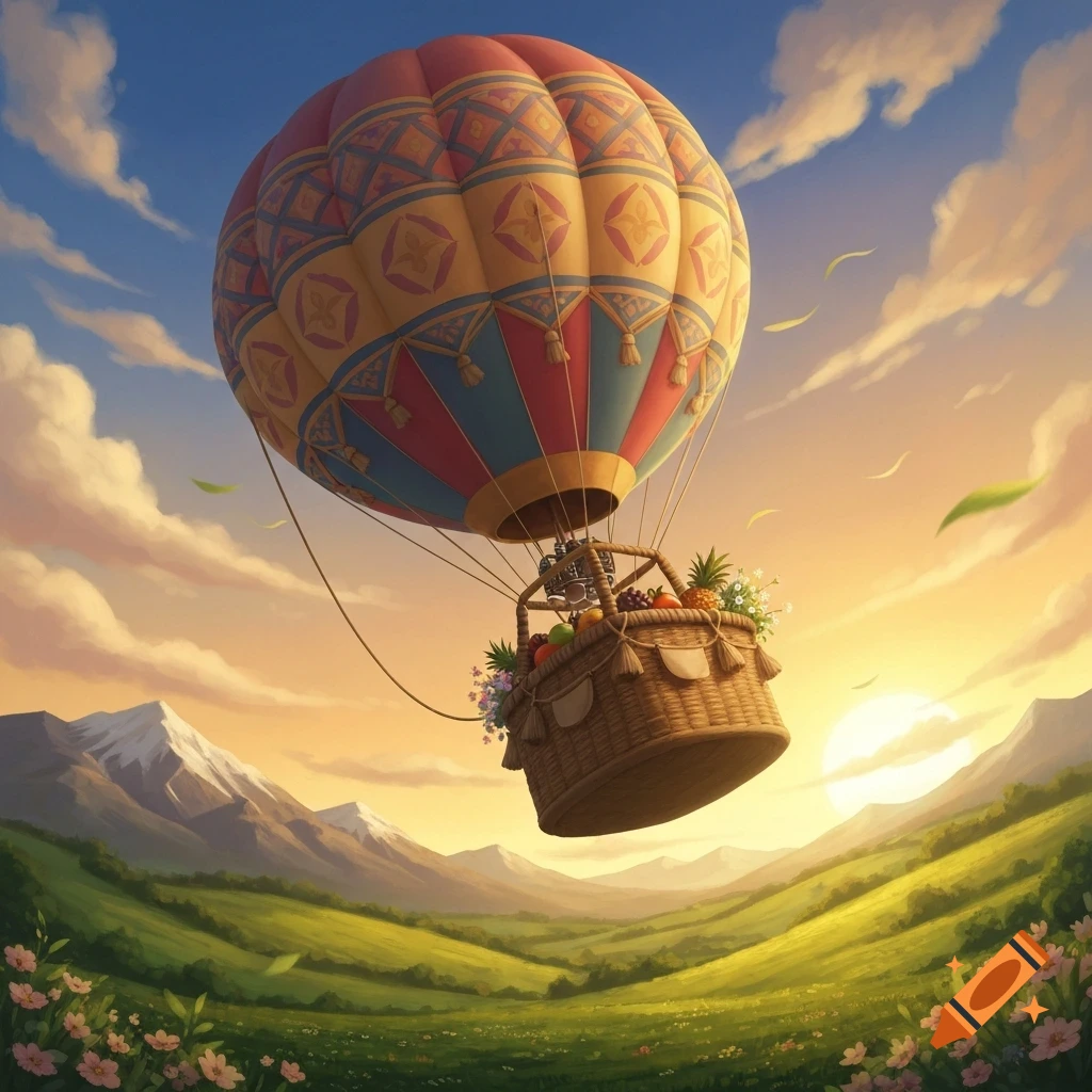 Colorful hot air balloon with a basket of fruit and flowers floats over ...