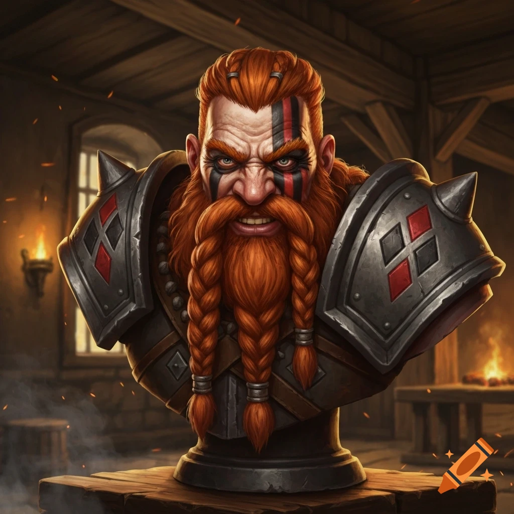 A detailed bust of an angry ginger dwarf barbarian with a braided beard ...