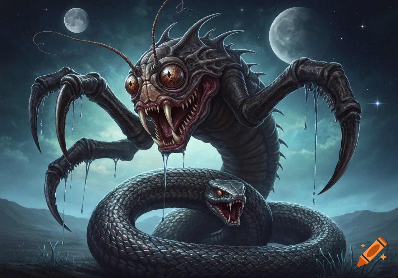 A grotesque alien monster with cricket eyes, spider-like fangs, and saw ...