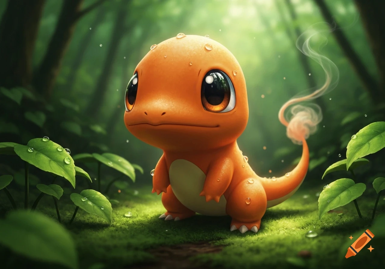 A cute, hyper-realistic Charmander with large eyes sits in a lush green ...