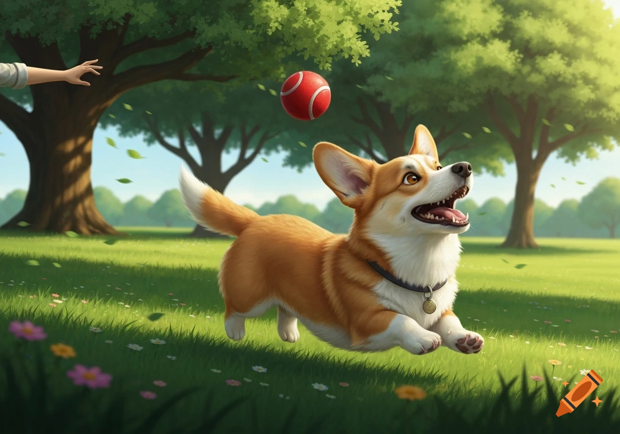 A cute animated corgi jumps for a red ball in a sunny park while a hand ...