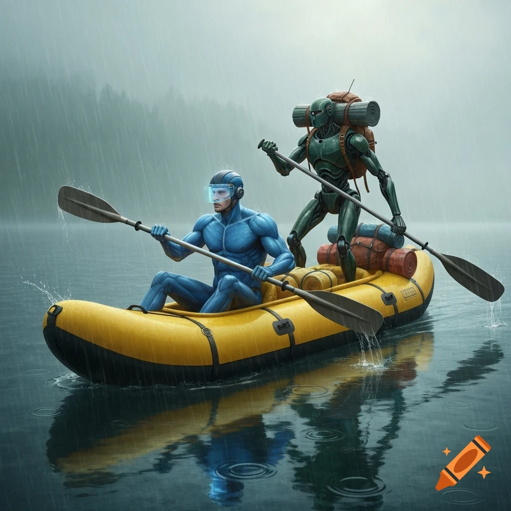 A man in a blue exoskeleton suit and a green robot paddle a yellow ...