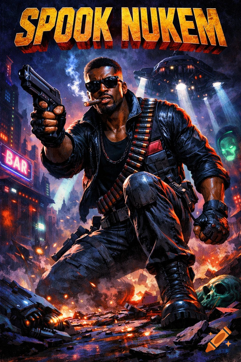 Action-packed poster art featuring a black man with sunglasses and a ...
