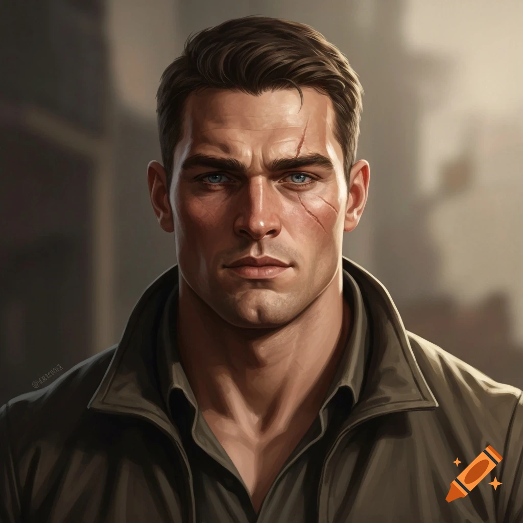 A handsome man with short dark brown hair, bright blue eyes, and battle ...