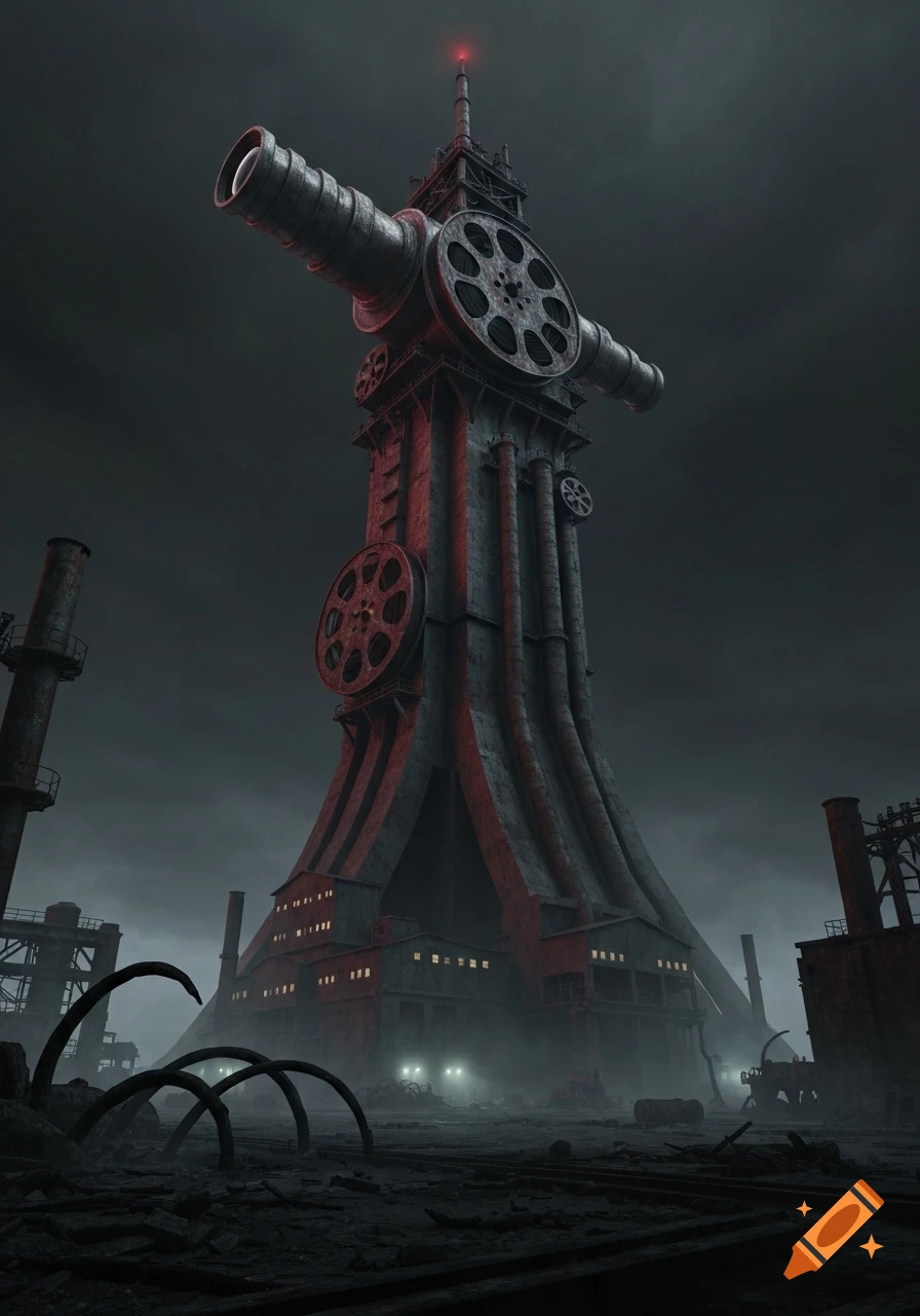A tall, dark industrial tower resembling a film projector stands in a ...