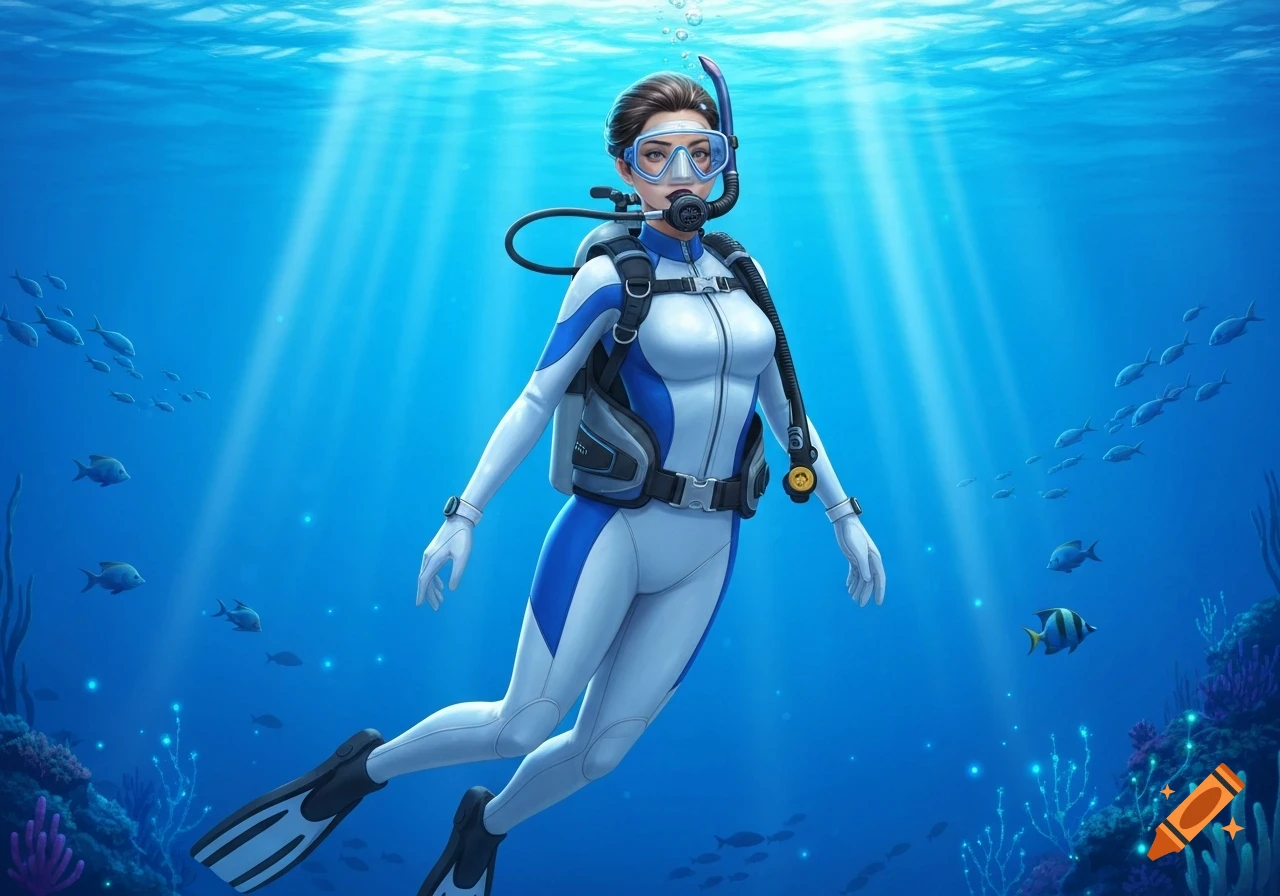 A female scuba diver in a white and blue wetsuit swims gracefully ...