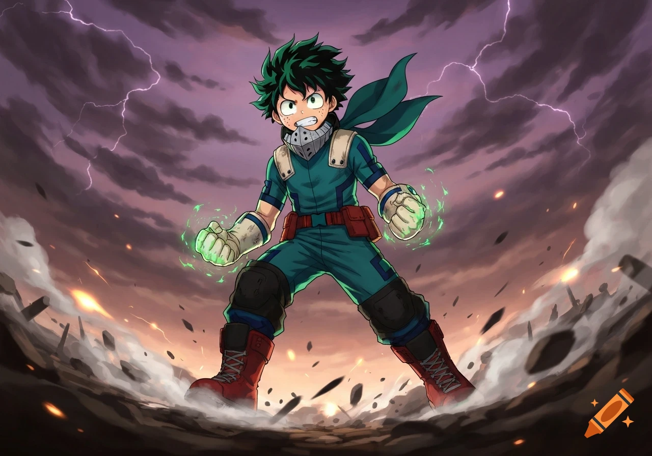 Anime character Izuku Midoriya (Deku) with green energy fists, standing ...
