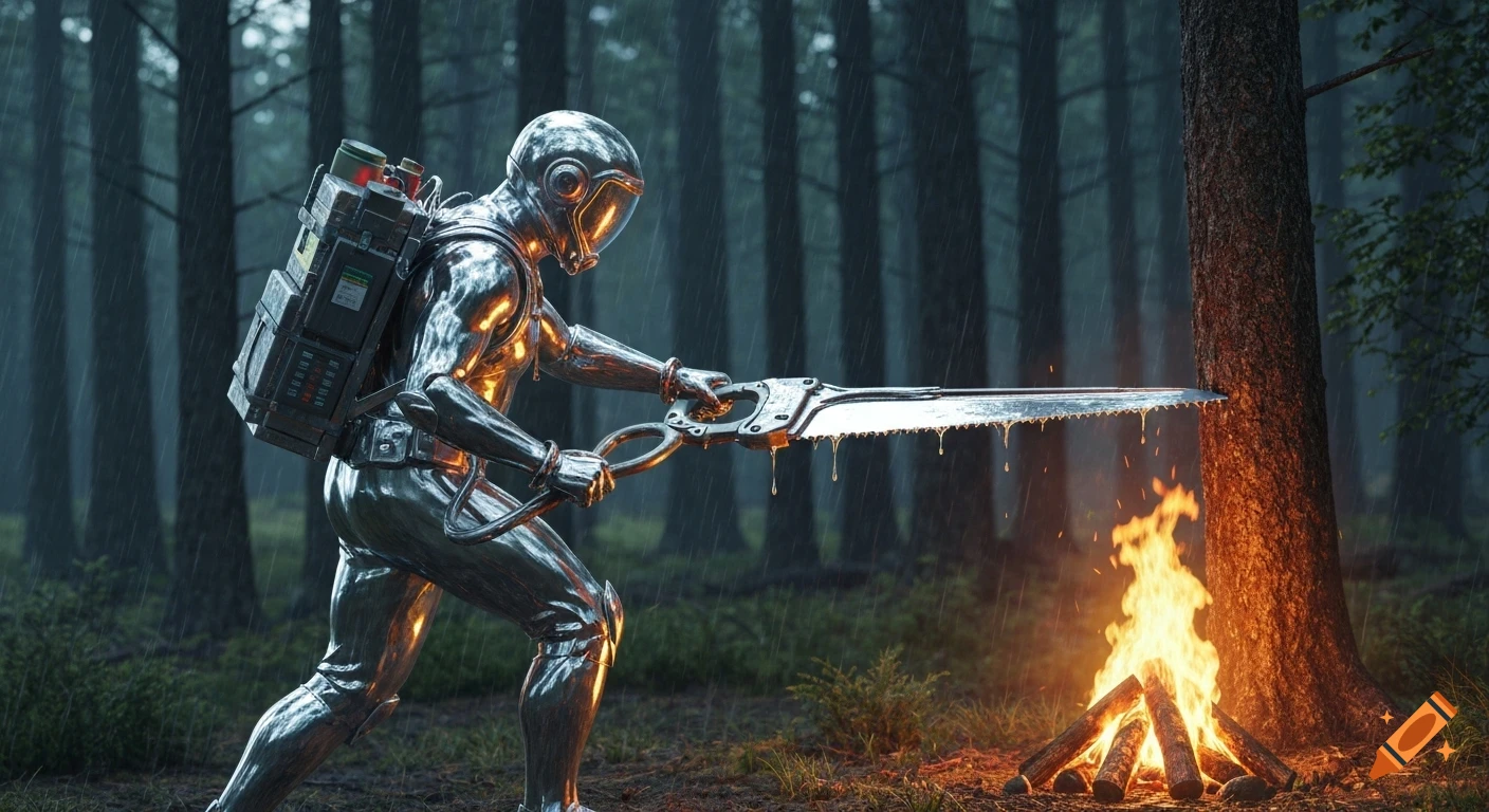 A person in a shiny liquid metal suit and helmet saws a tree trunk with ...