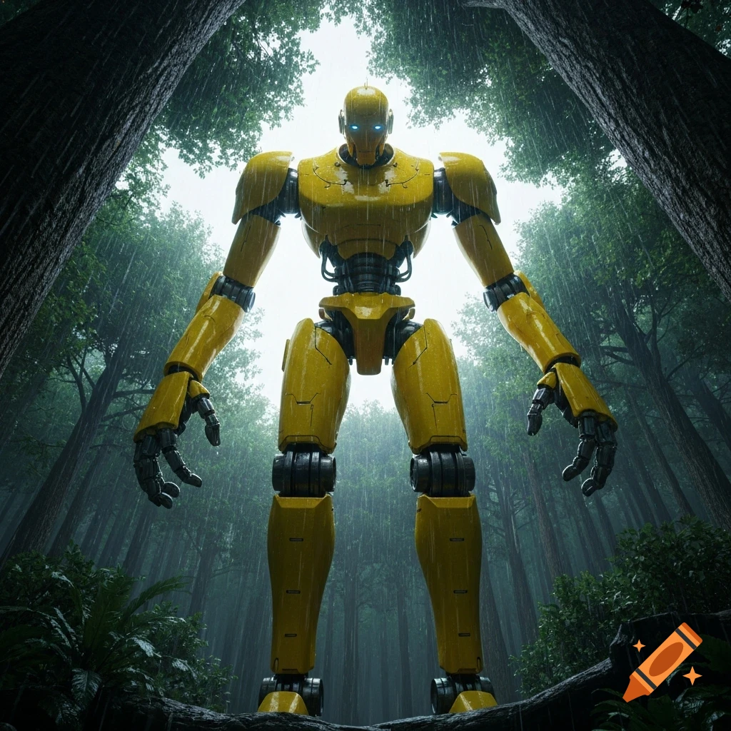 A huge yellow robot stands in a rainy forest, viewed from a low angle ...