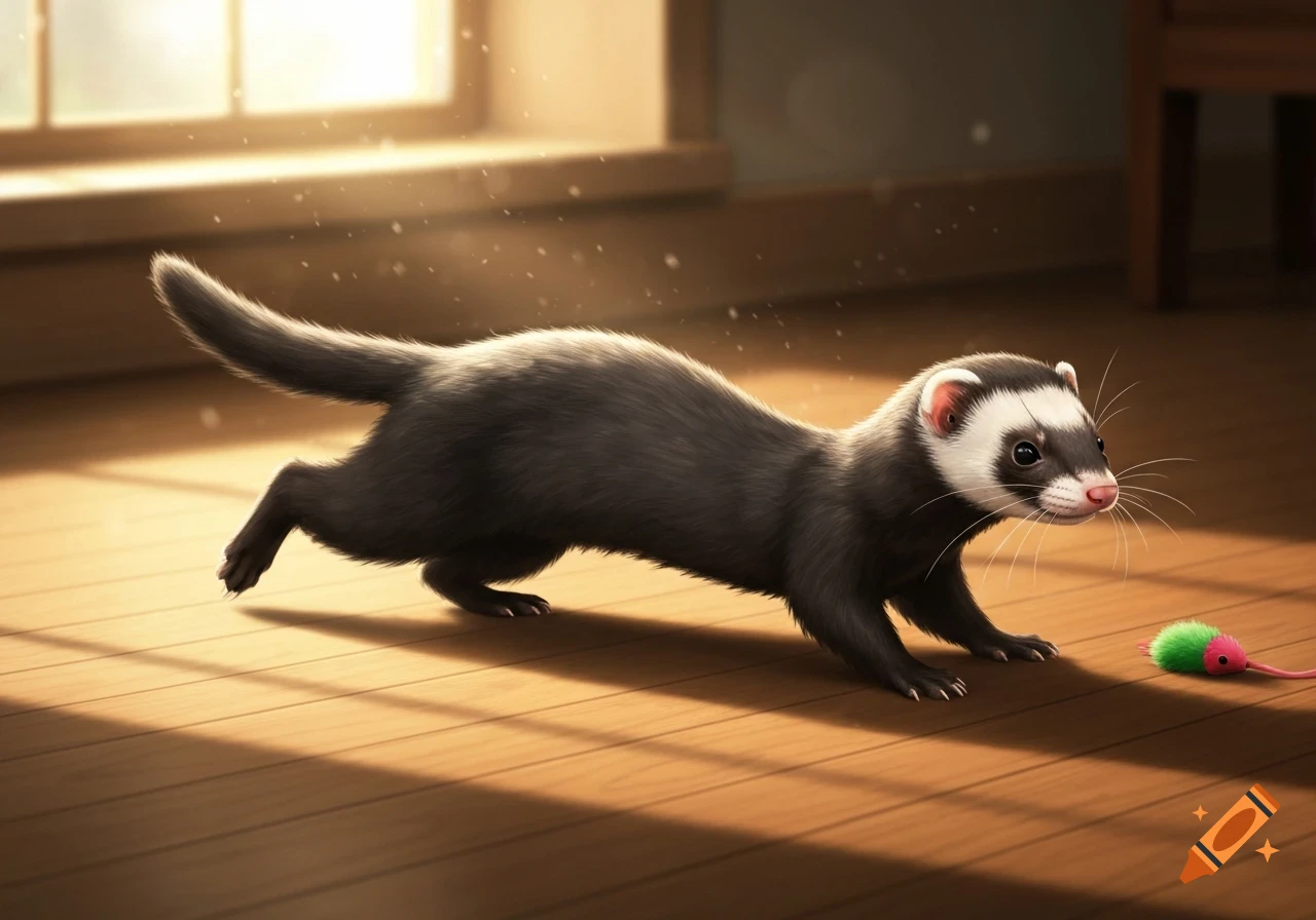 A black and white ferret crouches on a wooden floor, looking at a ...