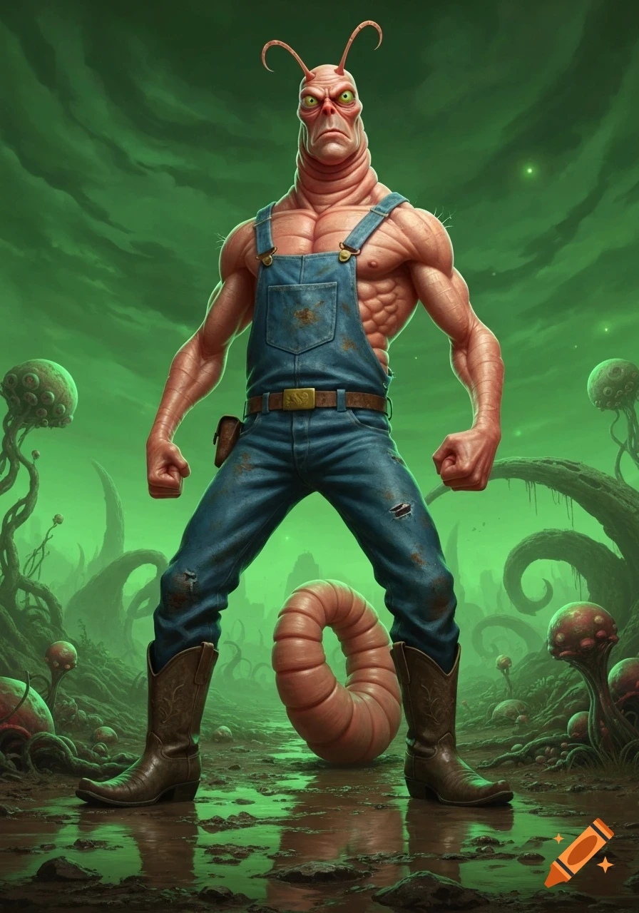 A muscular, worm-like alien in denim overalls and cowboy boots stands ...