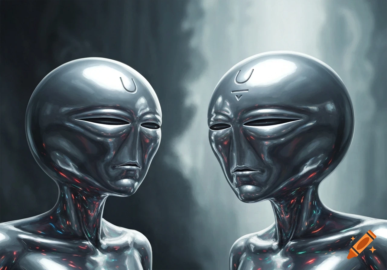 Two reflective silver aliens with symbolic forehead marks face each ...
