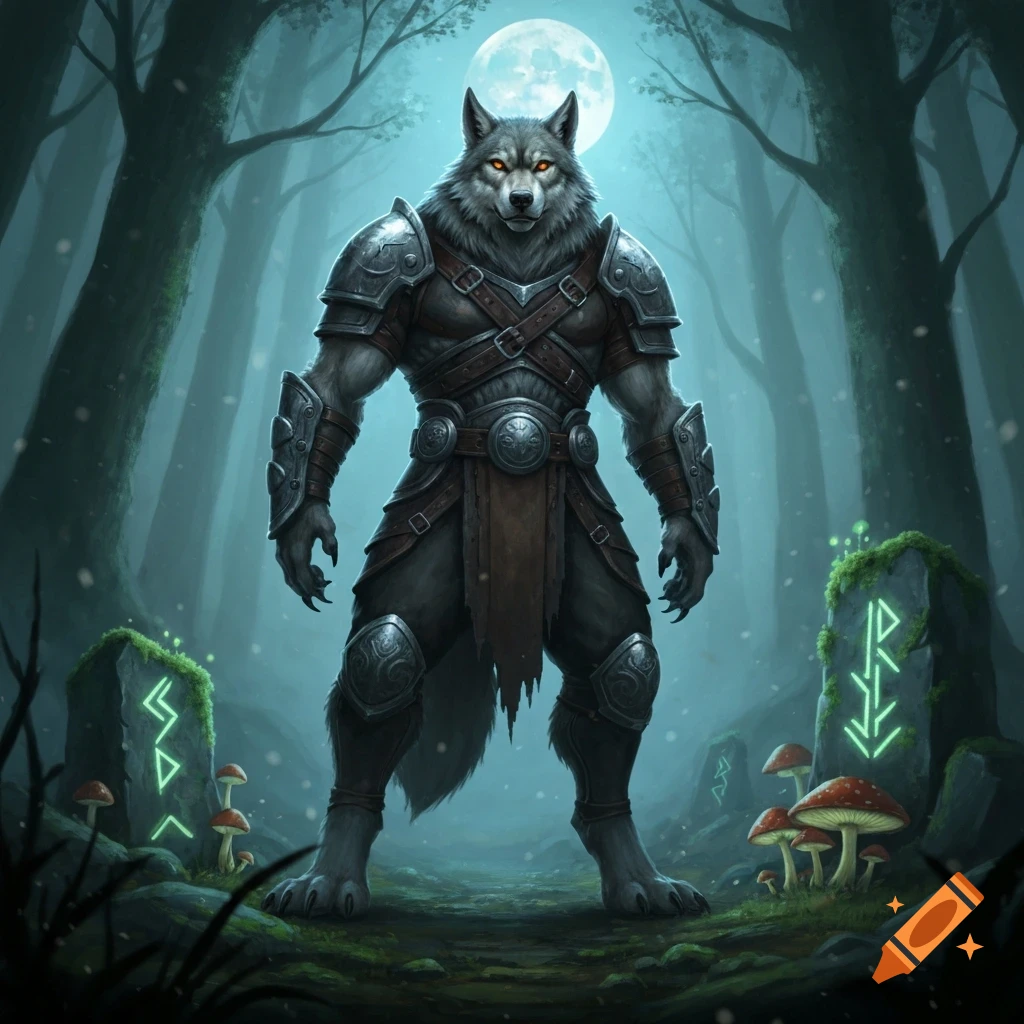 A large, armored humanoid wolf stands in a mystical, foggy forest under ...