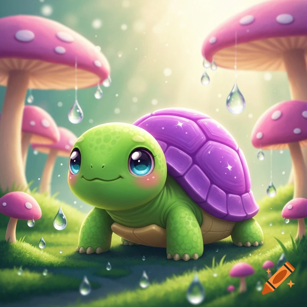 A cute green tortoise with a shiny purple shell sits on mossy ground ...