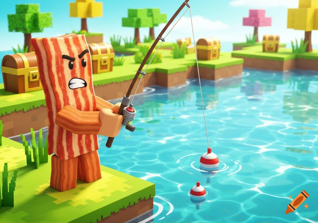 A blocky, angry bacon character fishing in a vibrant, pixelated water ...