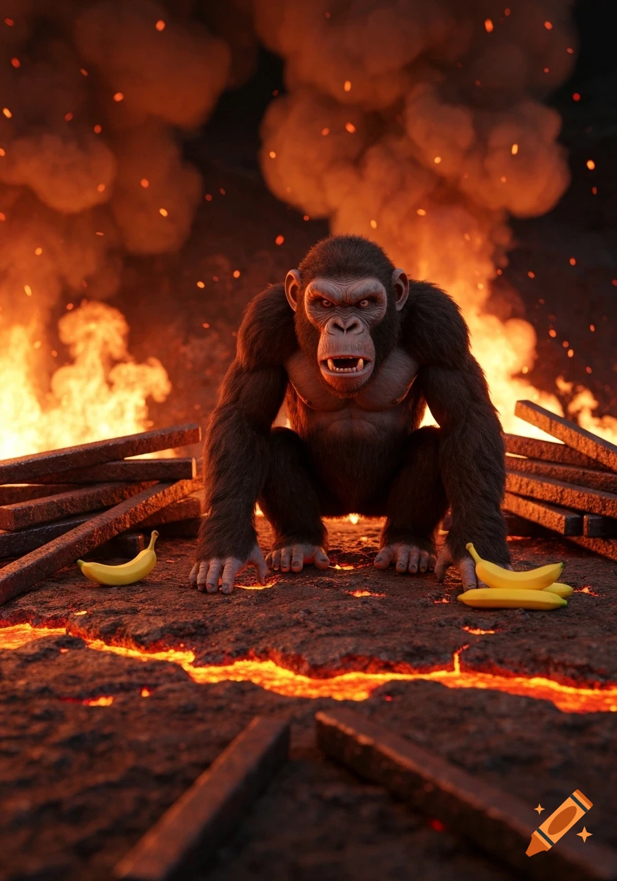 An angry ape crouches in a fiery, smoke-filled landscape with glowing ...