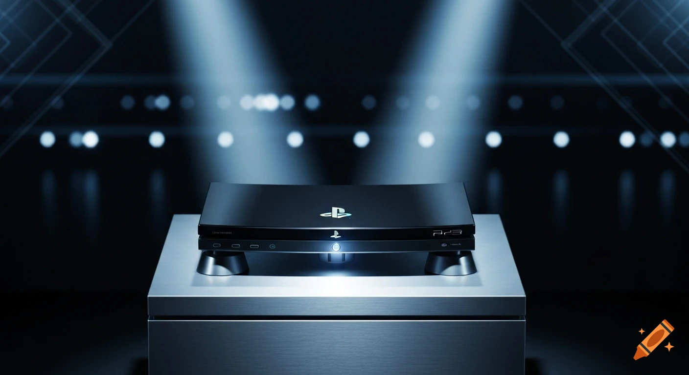 A black PlayStation 3 console displayed on a metallic stand under ...