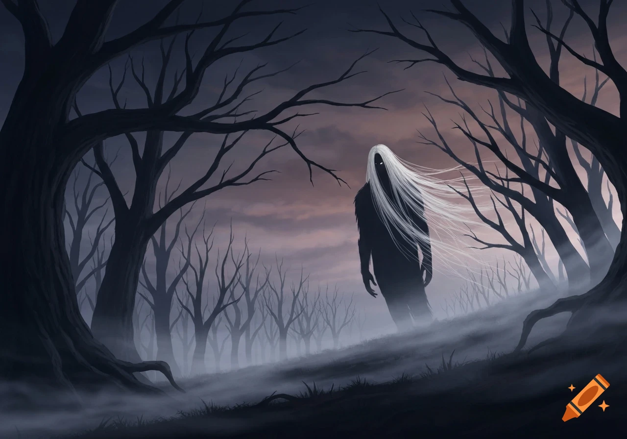 A faceless, shadowy creature with long white hair stands in a dark ...
