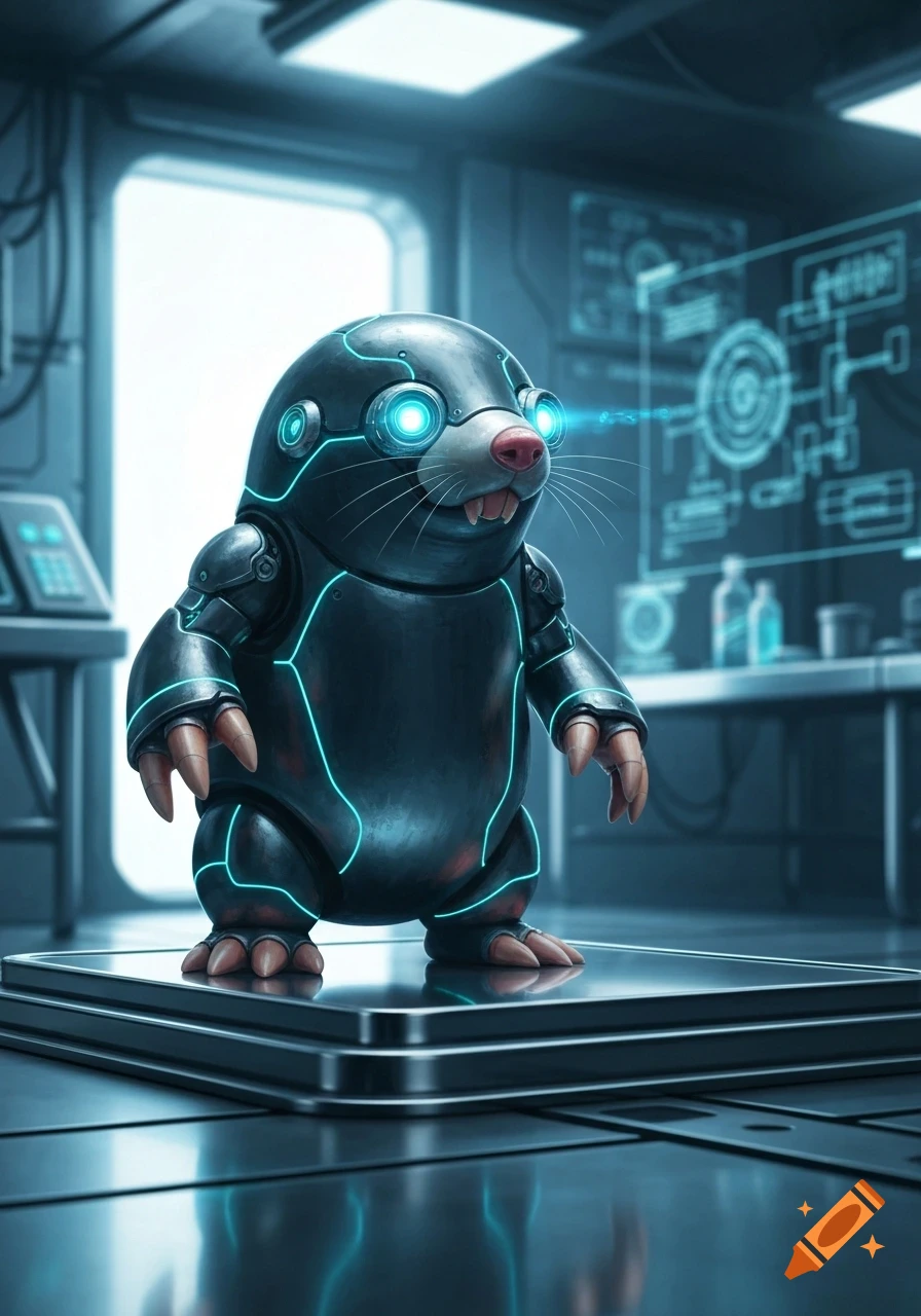 A futuristic cyborg mole with glowing blue eyes stands on a platform in ...