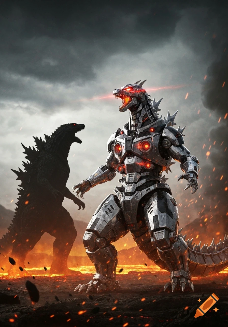 Mechagodzilla with glowing red eyes and mouth stands on a fiery ...