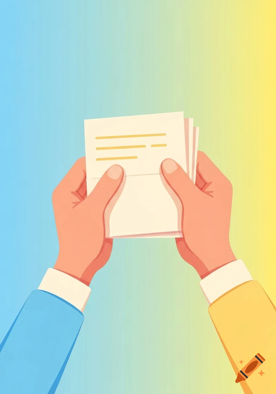 Two cartoon hands hold several small cards with abstract lines against ...