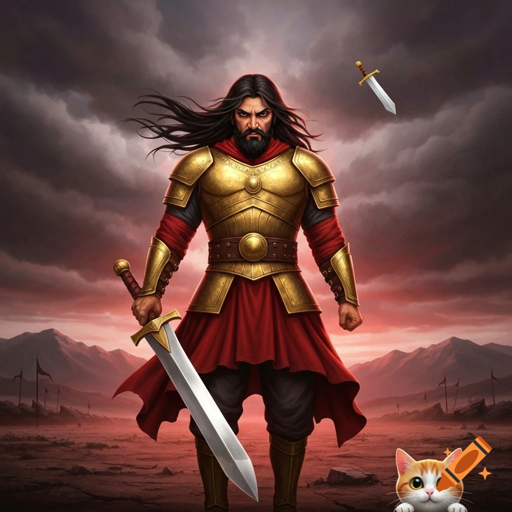 Epic warrior in golden armor with a sword on a battlefield under dark ...