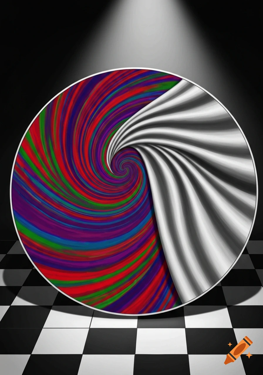 A circular object on a black and white checkered floor. The left side ...