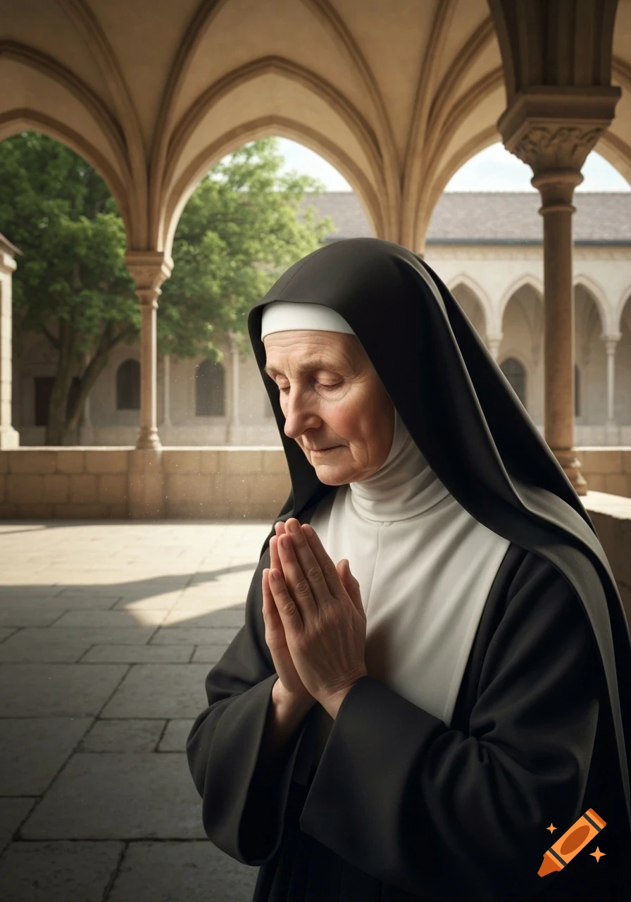 Hyper-realistic photograph of an elderly nun with closed eyes, hands ...