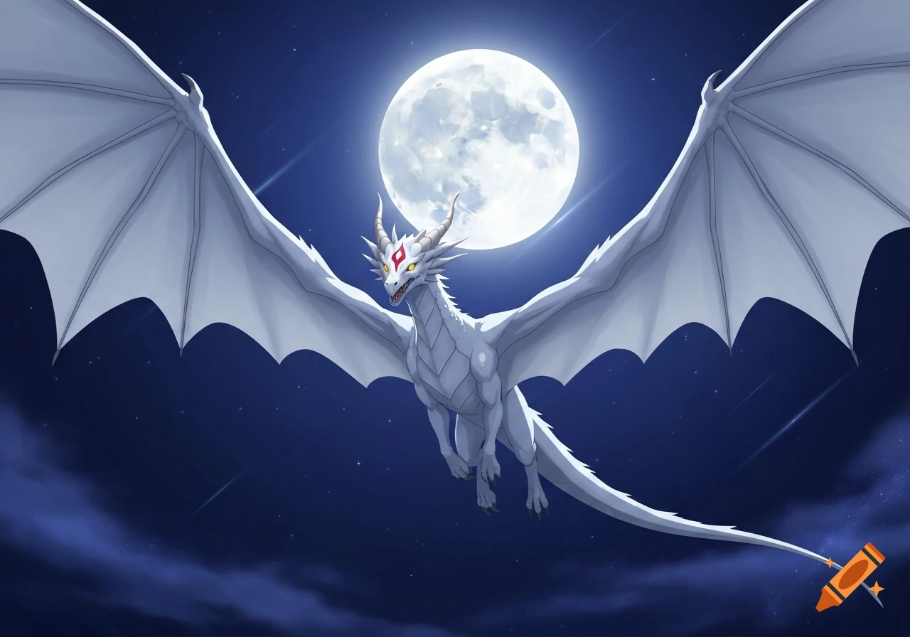 A majestic white anime wyvern with golden eyes and a red forehead ...