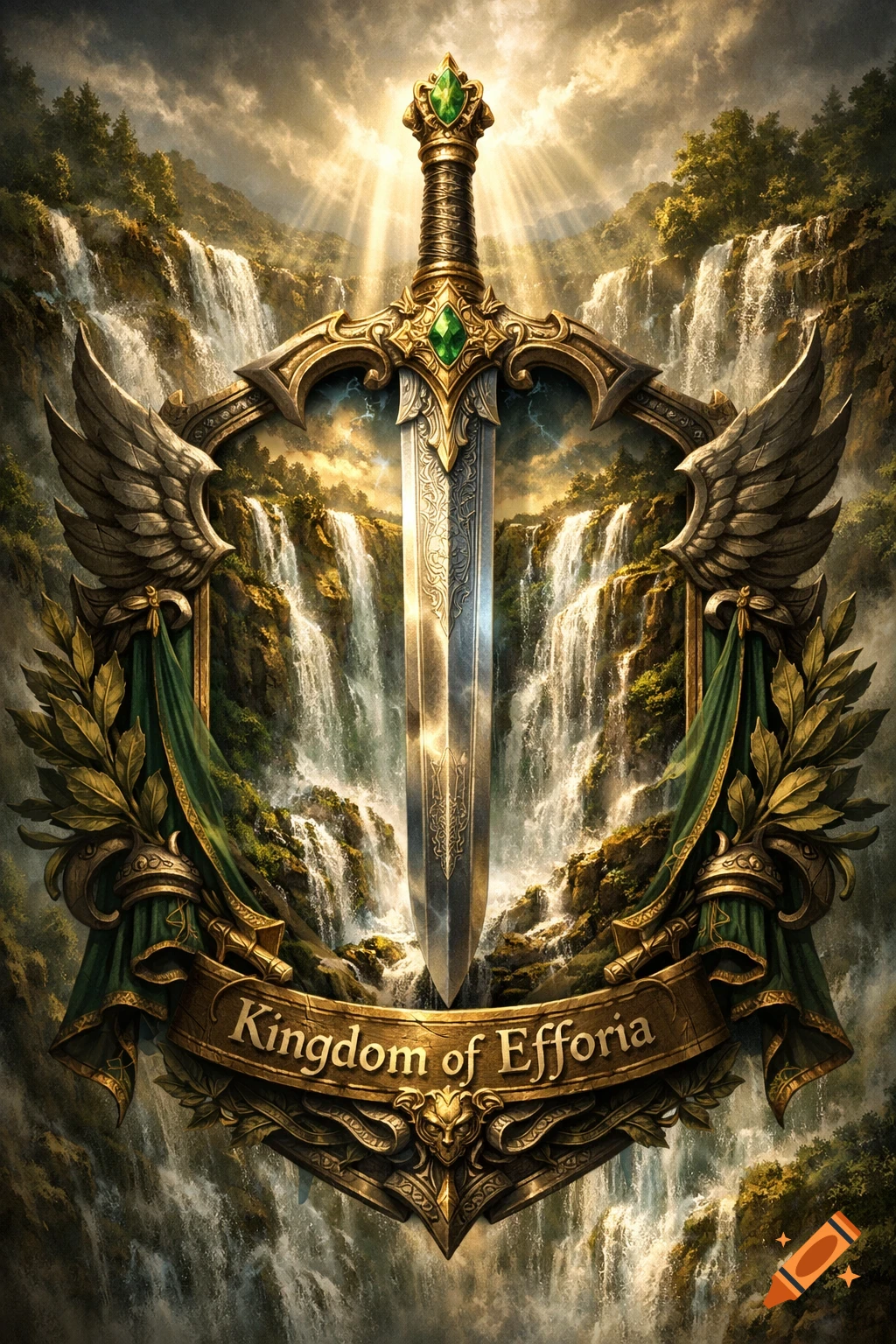 A majestic fantasy crest with an ornate sword, green gems, golden wings ...