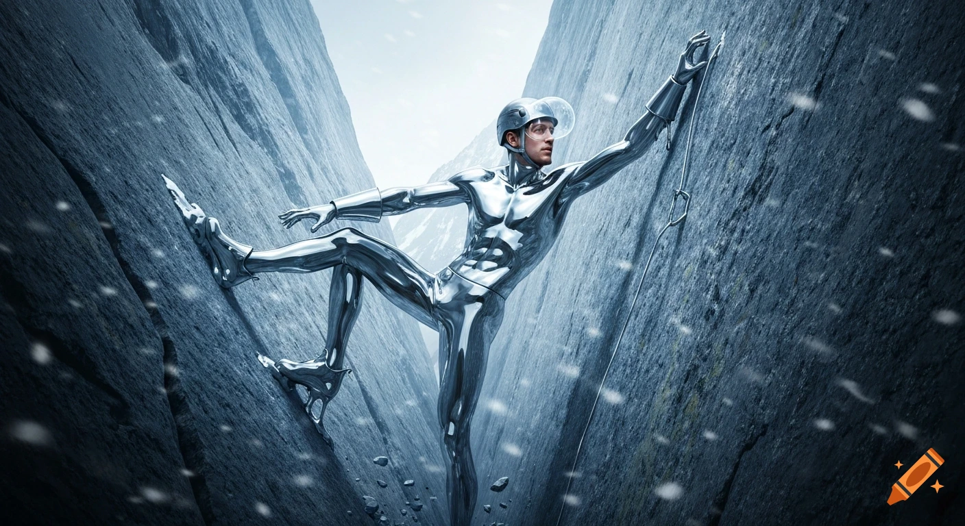 A man in a shiny liquid metal suit and helmet scales a snowy, steep ...
