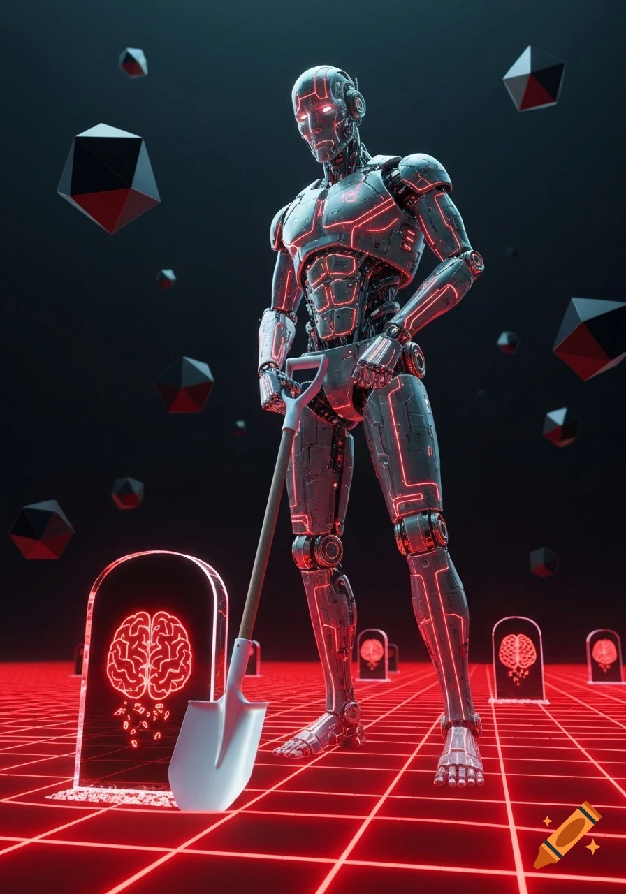 A futuristic humanoid robot with red neon outlines stands in a dark ...