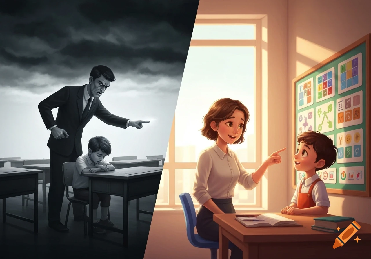A split image contrasting harsh parenting in a dark, stormy classroom ...