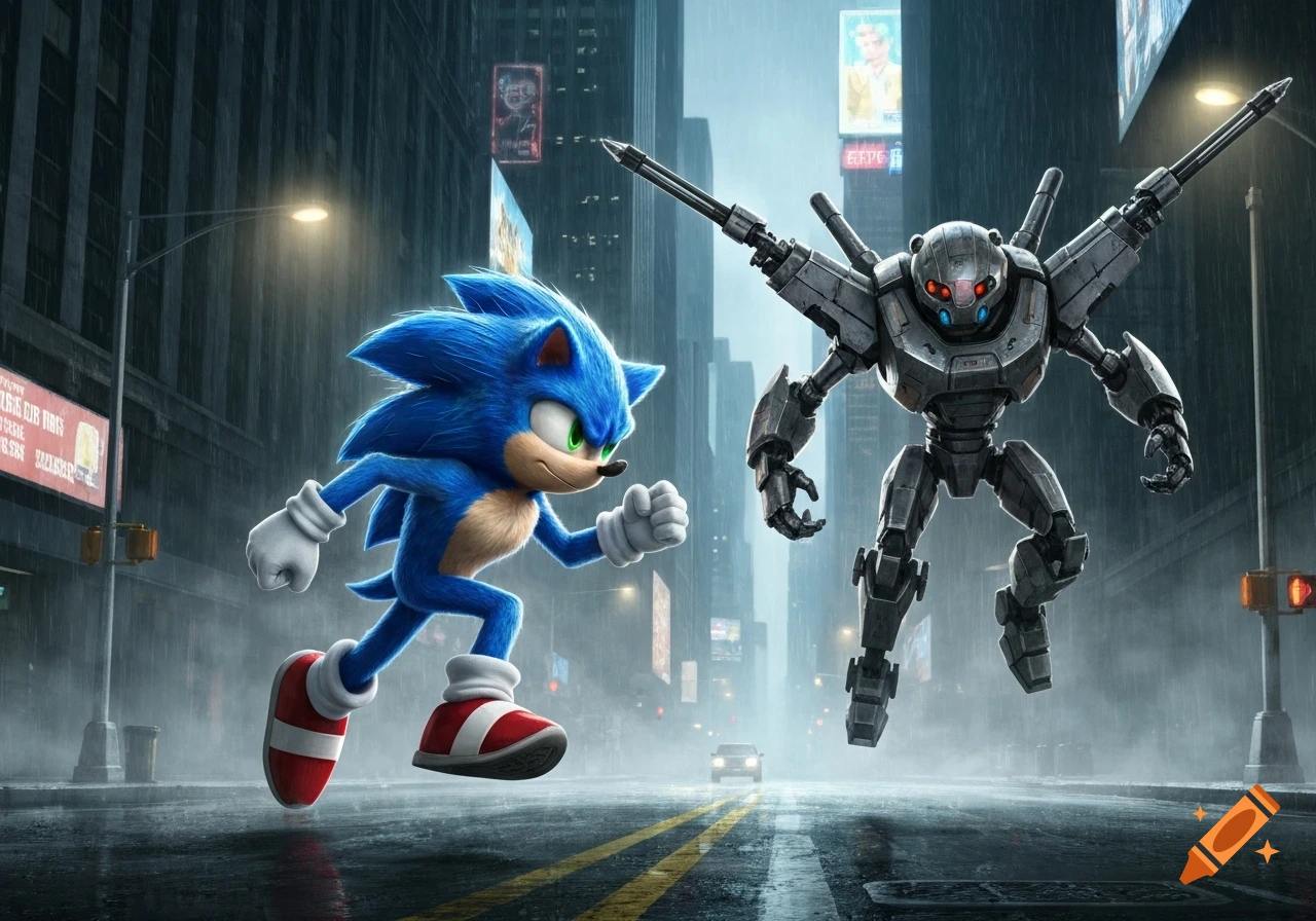 Movie Sonic runs on a rainy city street as a flying robot hovers in the ...