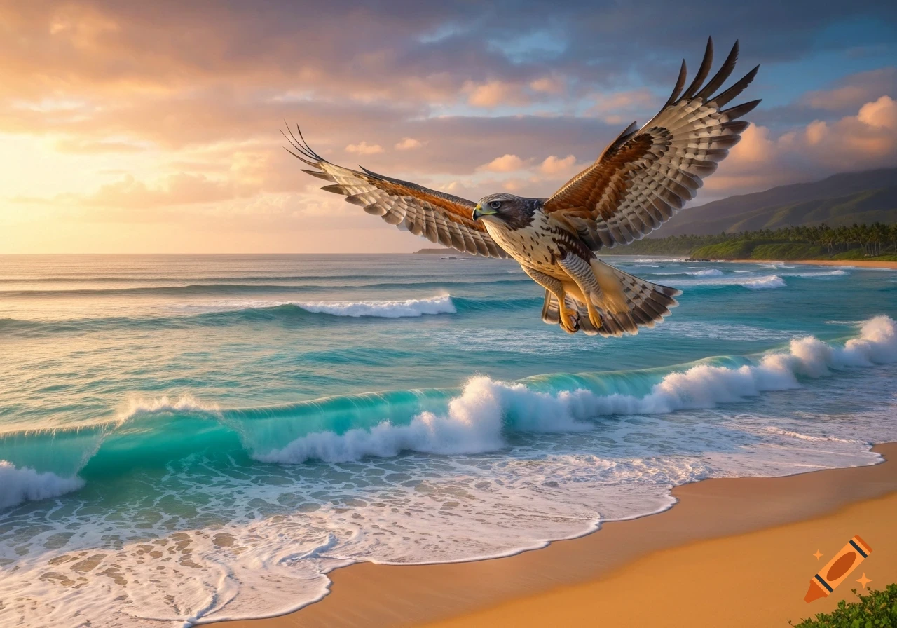 A majestic hawk with brown and white feathers soars over a turquoise ...