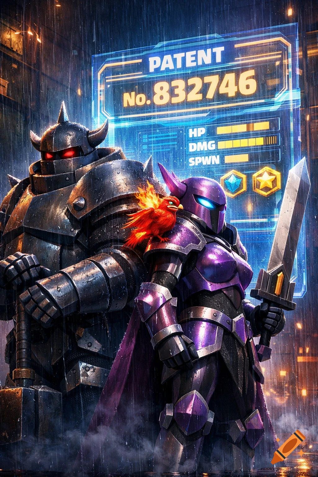 Digital painting of armored Mega Knight and P.E.K.K.A standing back-to ...