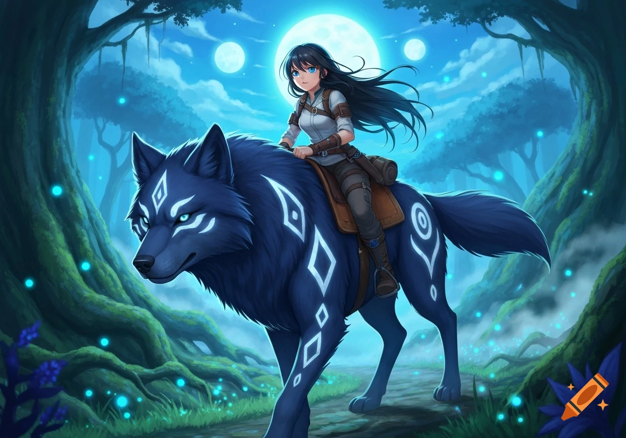 Anime girl with dark hair rides a large blue wolf with glowing markings ...