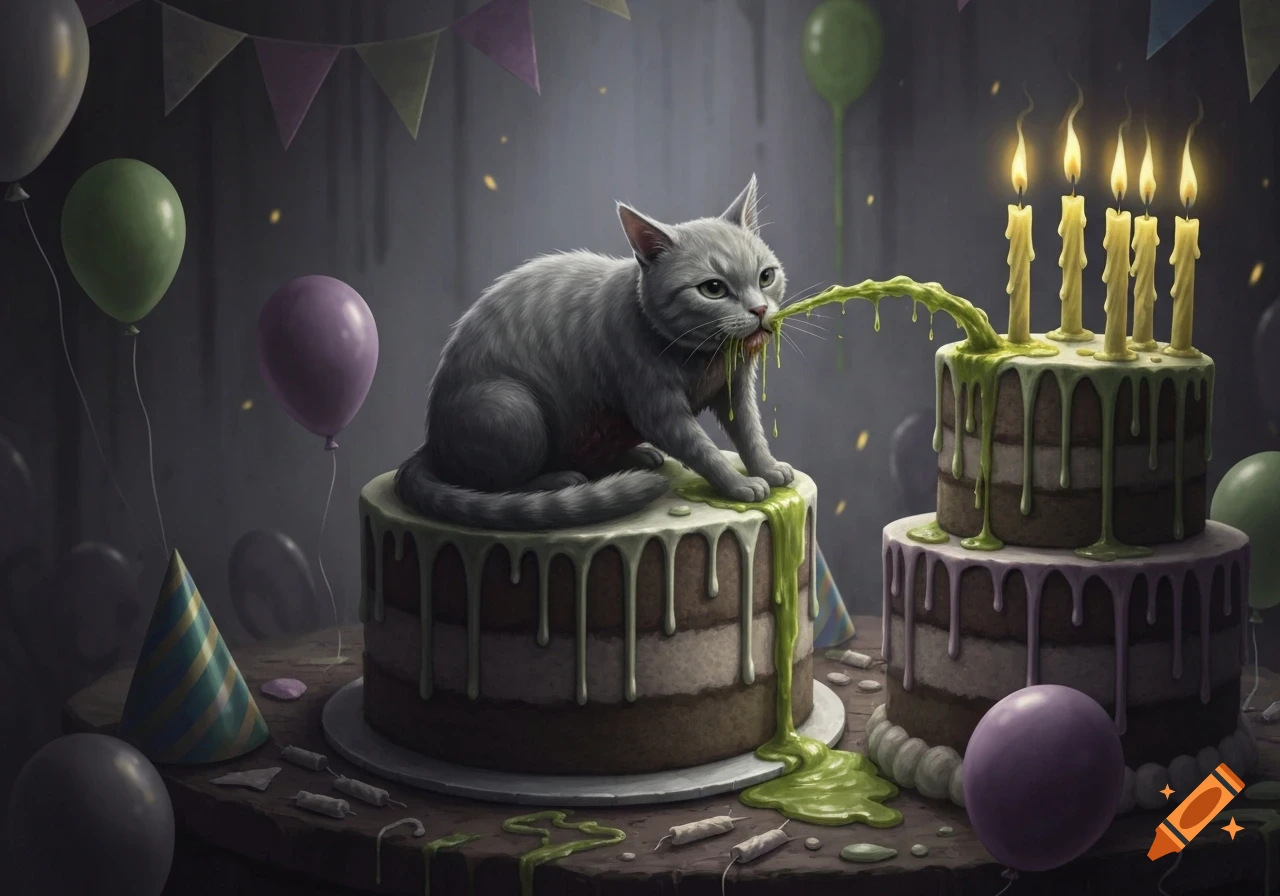 A detailed illustration of a grey cat vomiting green goo onto a ...